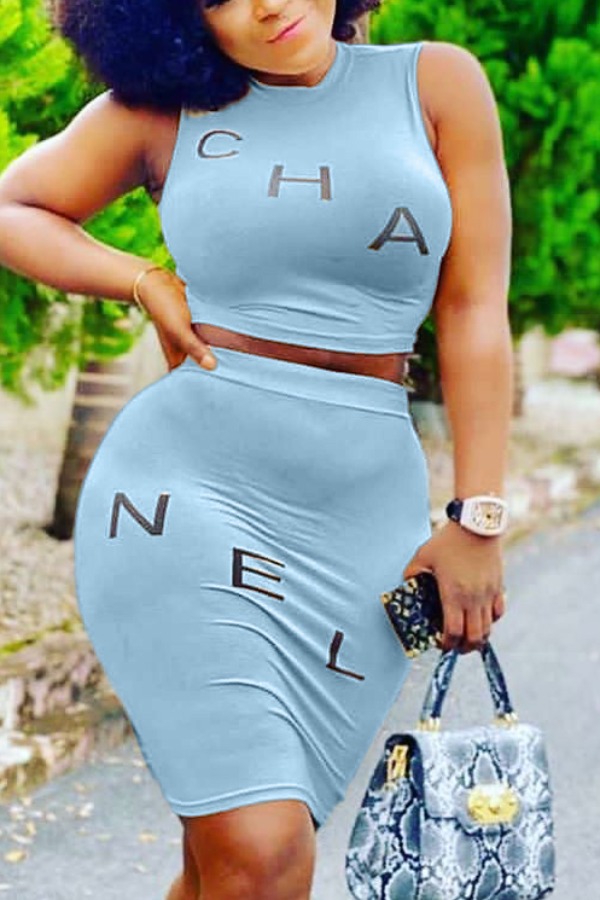 Lovely Casual Letter Blue Two Piece Skirt Setlw Fashion Online For